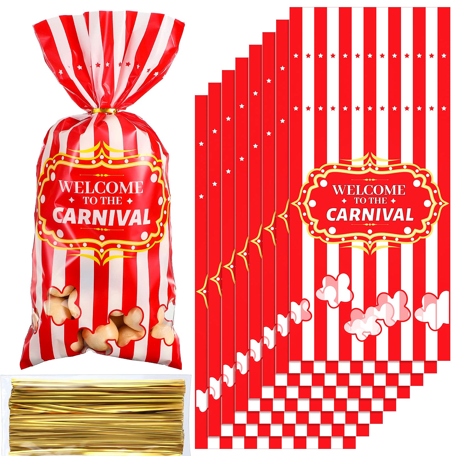 Carnival Candy Bags Circus Plastic Bags Carnival Party Treat Bags Popcorn Pattern Party Bags Goody Bags with 100 Gold Twisted Ties for Party Favor Supply Cookie Cupcake Wrapping(Simple,100 Packs)