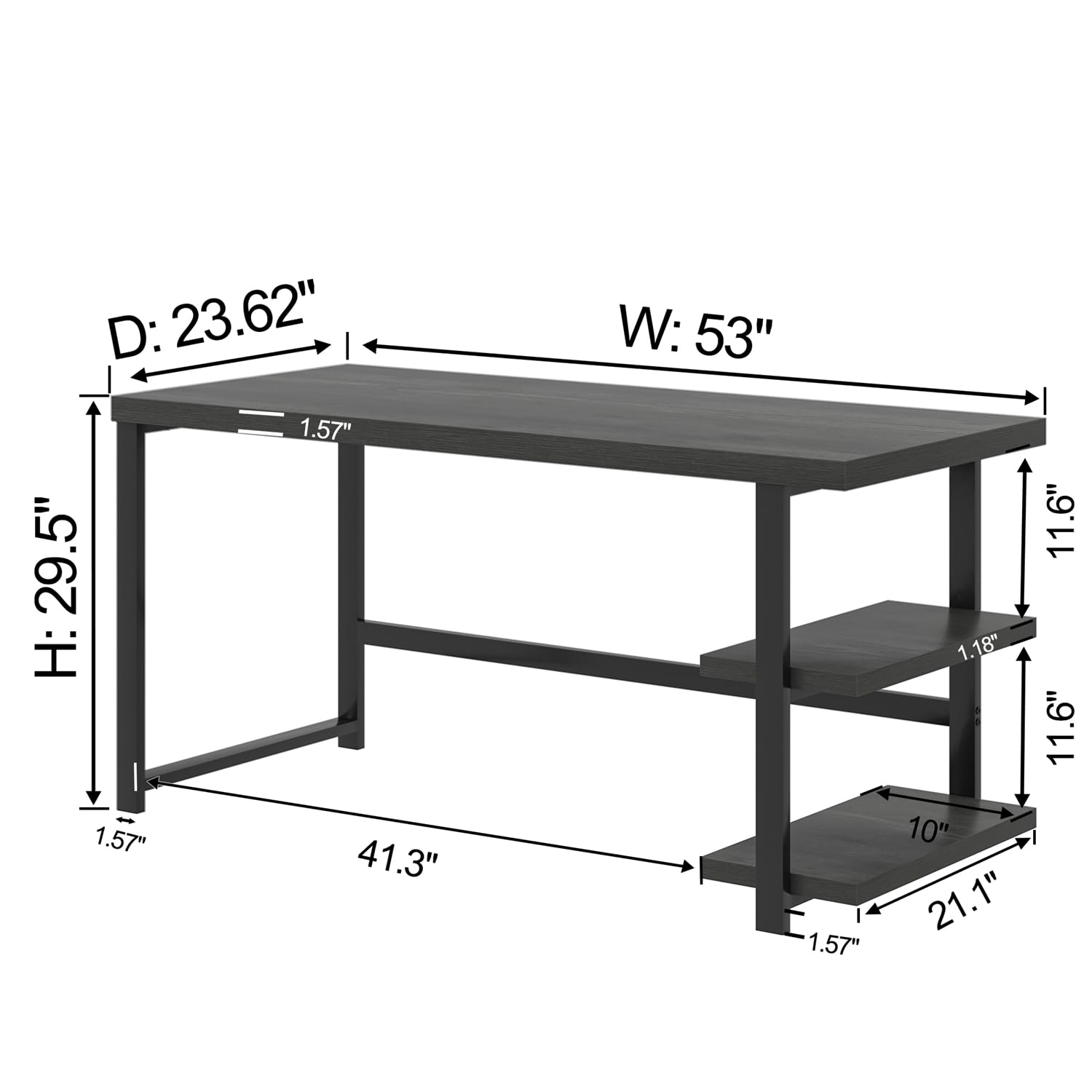 EXCEFUR Industrial Computer Desk, Home Office Desk with Storage Shelves, Wood Study Writing Table for Bedroom, Living Room, Grey, 53 Inch