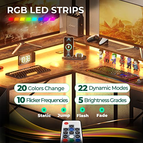 Huuger L Shaped Desk Computer Desk with LED Lights & Power Outlets Nightstand with Charging Station