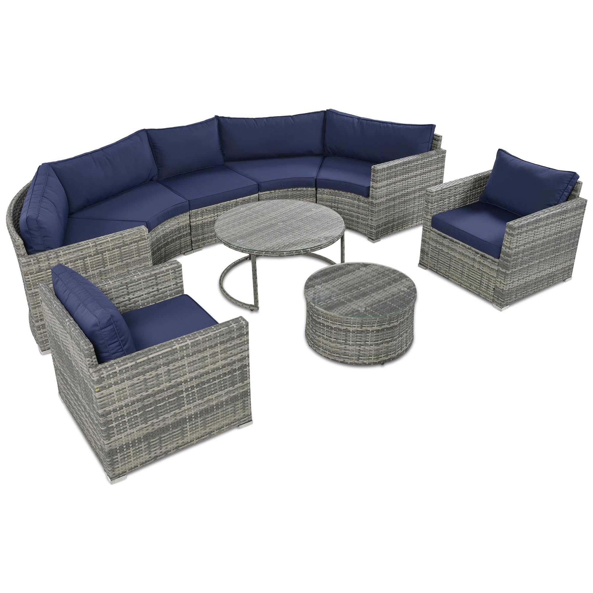 YSWH 9-Piece Outdoor Patio Half Moon Furniture Set, Free Combination Sofa Set Sectional Conversation Set, Rattan Wicker Half Moon Sofa Set with Free Overlapping Round Table