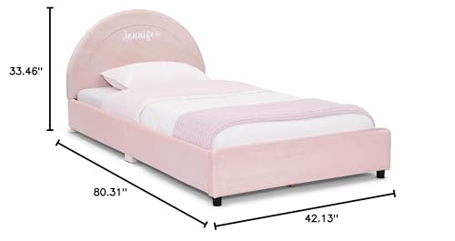 Delta Children Personalized Upholstered Twin Size Bed with Round Headboard, Premium Wood Slat Support, No Box Spring Needed, Easy Assembly, Pink/Velvet Piping