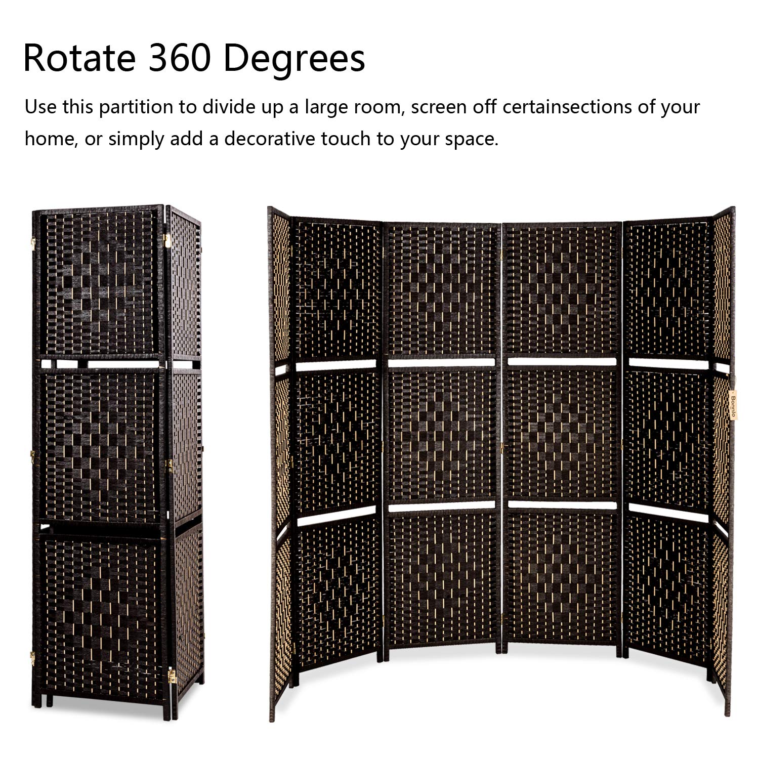 Bonnlo Upgraded Heavy Duty 6FT Tall Rattan Room Divider Screens with Partition Wall 2 Display Shelves, Indoor Folding Screen Dual-Sided Hinges for Home Office (6 Panels)
