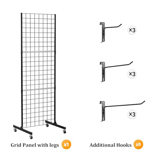Bonnlo 2' x 6' Detachable Girdwall for Easy Transport, Standing Grid Tower, Thicker 5mm Wire, 180 LBS Weight Capacity Grid Panel with Legs and Extra Hooks, Display Rack for Retail and Craft Fair (1)