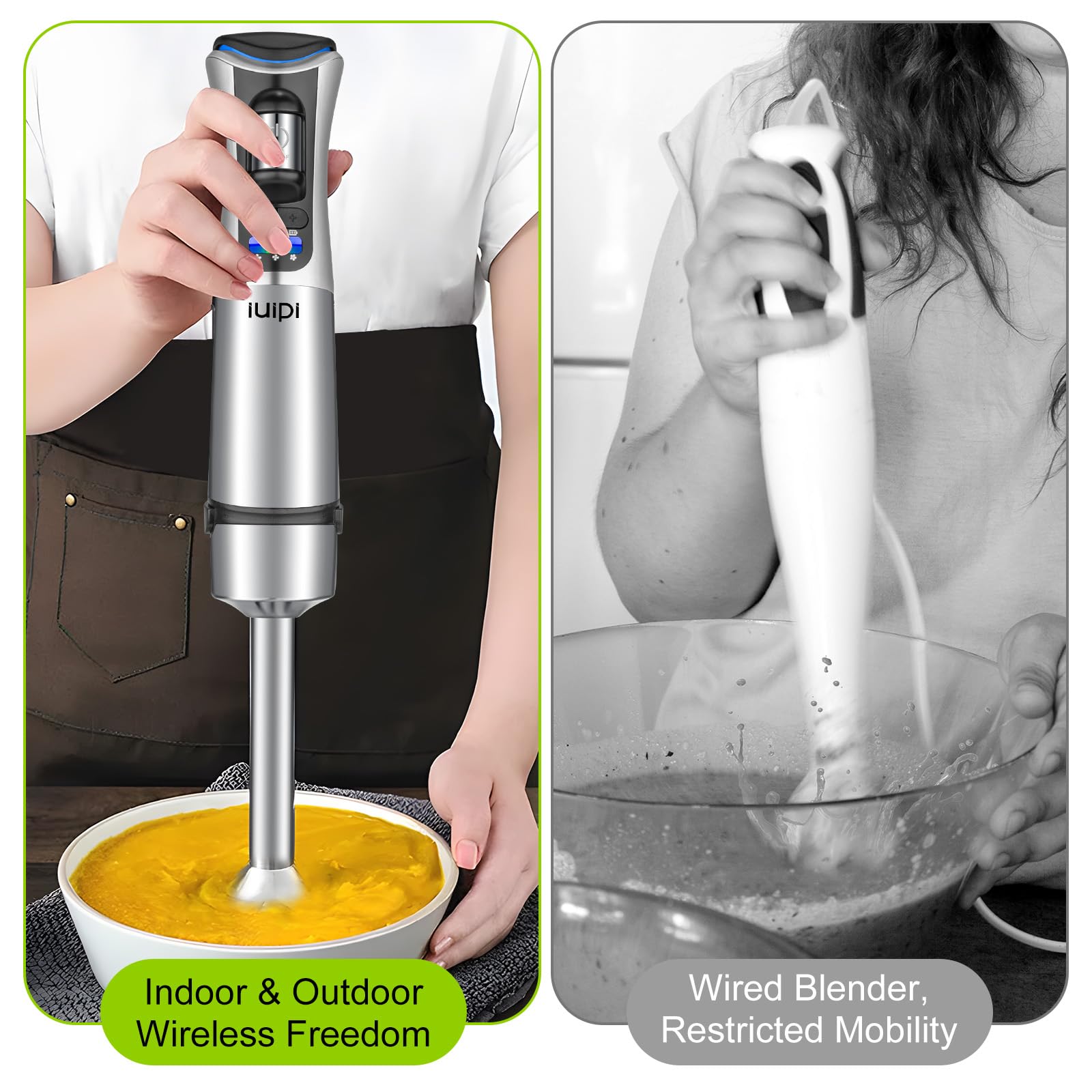 Cordless Immersion Blender, IUIPI Variable Speed Immersion Blender Handheld, Rechargeable Portable Stick Blender and 800ml Cup with 304 Stainless Steel Blade for Sauce, Soup, Smoothie, Baby Food