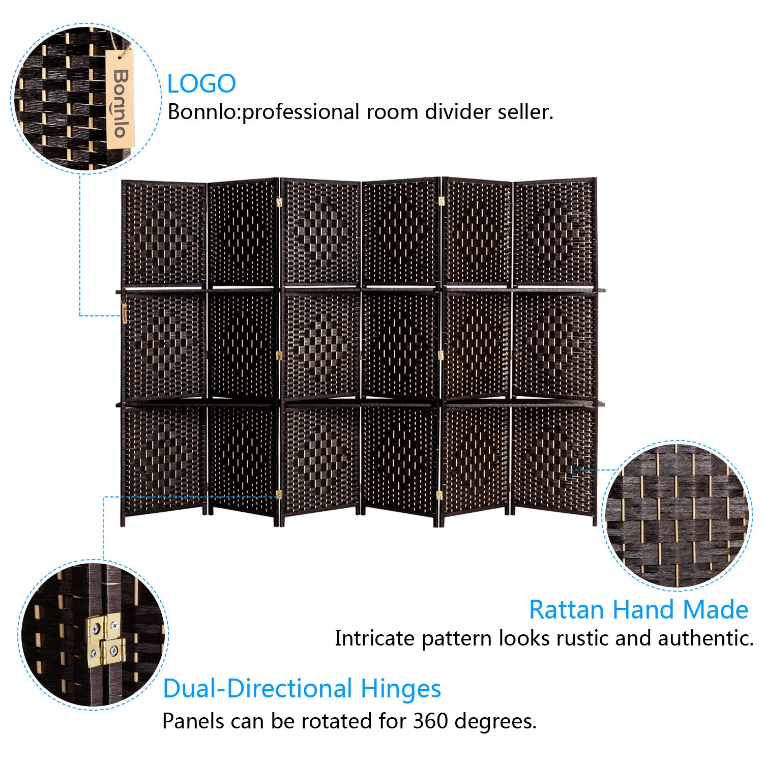 Bonnlo Upgraded Heavy Duty 6FT Tall Rattan Room Divider Screens with Partition Wall 2 Display Shelves, Indoor Folding Screen Dual-Sided Hinges for Home Office (6 Panels)