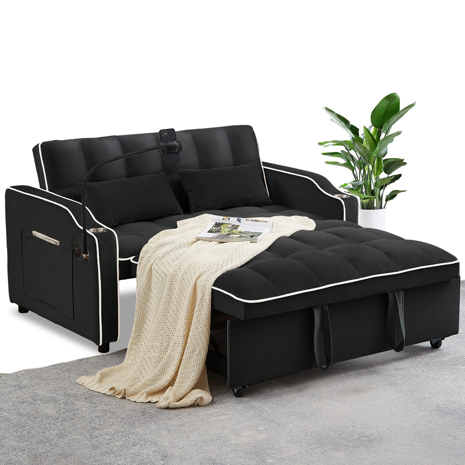 Rovibek 3 in 1 Convertible Sleeper Sofa Bed Pull Out Couch Futon Loveseat Velvet Chaise Lounge with 2 Pockets and 2 Pillows for Living Room, Full Size, Black