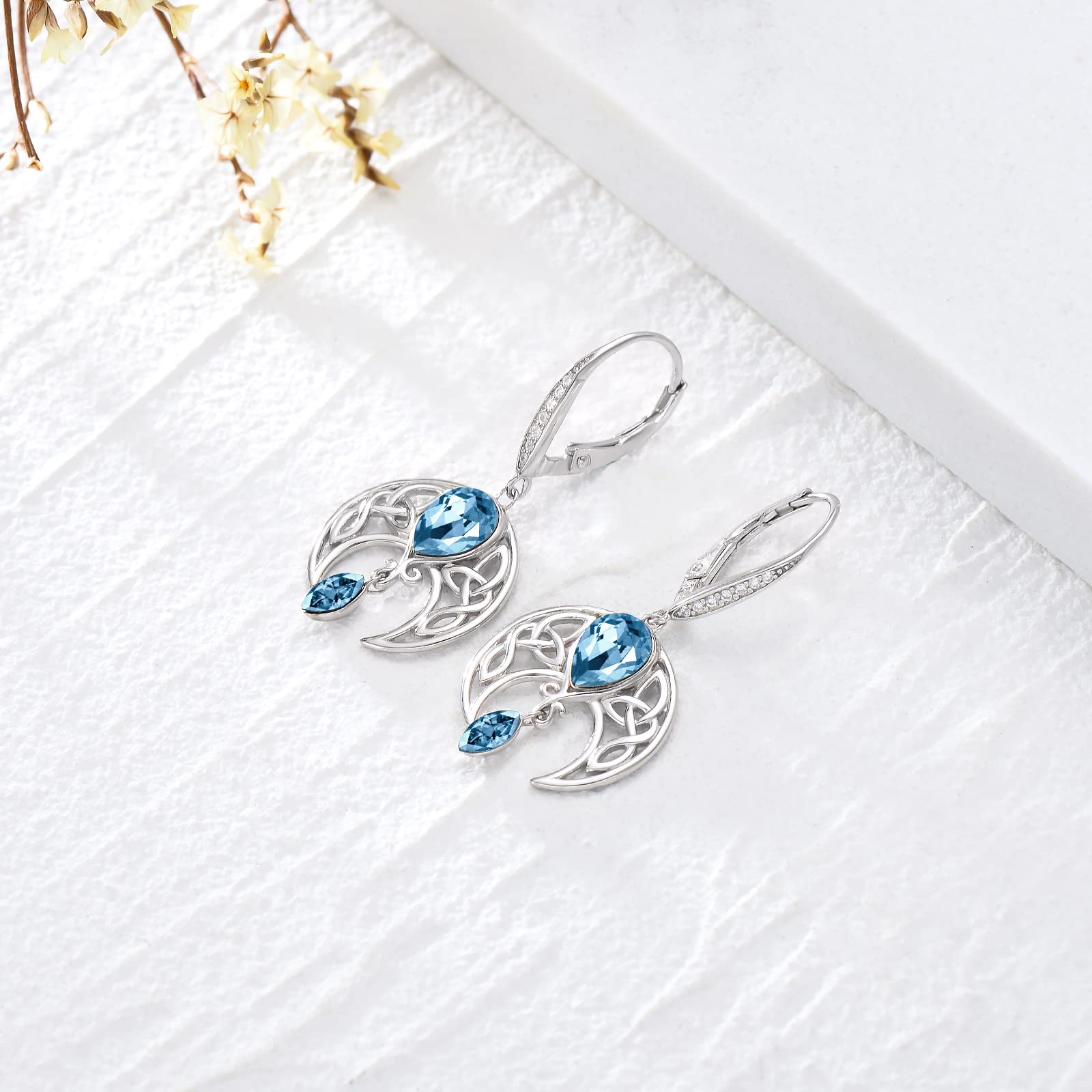 Celtic Moon Earrings 925 Sterling Silver Crescent Moon Leverback Dangle Drop Earrings with Simulated Aquamarine Birthstone Crystal Celtic Irish Jewelry Gifts for Women