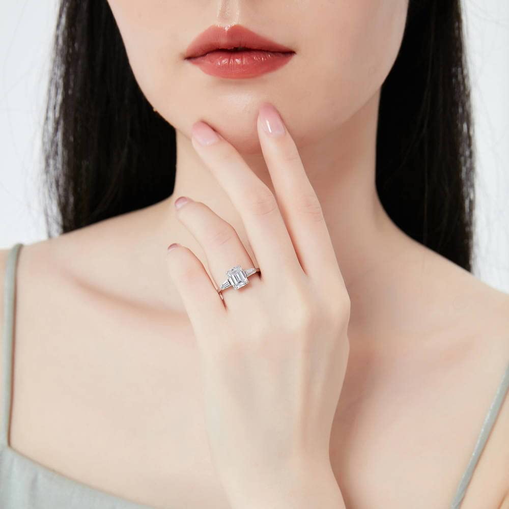 BERRICLE Sterling Silver 3-Stone Wedding Engagement Rings Emerald Cut Cubic Zirconia CZ Anniversary Ring for Women, Rhodium Plated Size 5.5