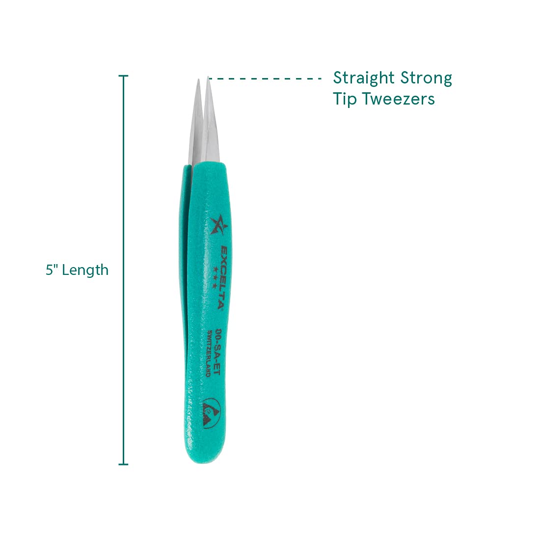 Excelta Tweezer, Straight Strong Tip Tweezers, Stainless Steel, Anti-Magnetic, Ergo-Grips, 5” Overall Length