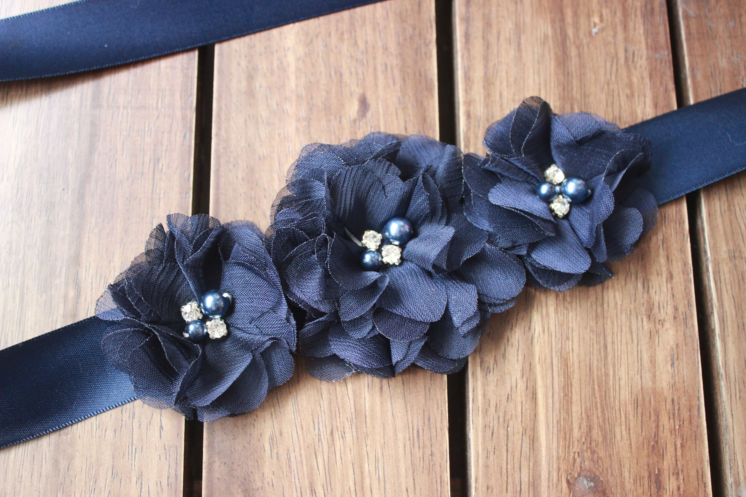 Nania Bridesmaid and Flowergirls sashes wedding sash pearls flowers belts (Dark navy)