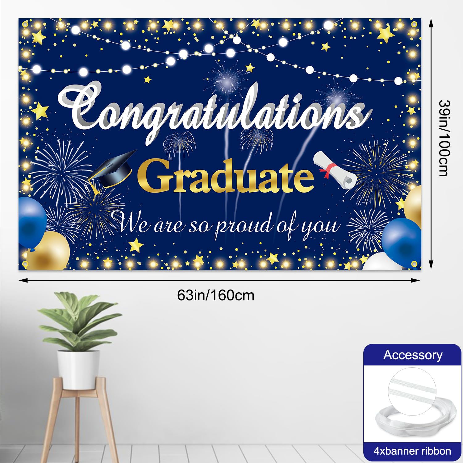Graduation Backdrop 2024 Congrats Grad Banner Blue Gold Graduation Banner.Class of 2024 Graduation Decorations Photography Background.