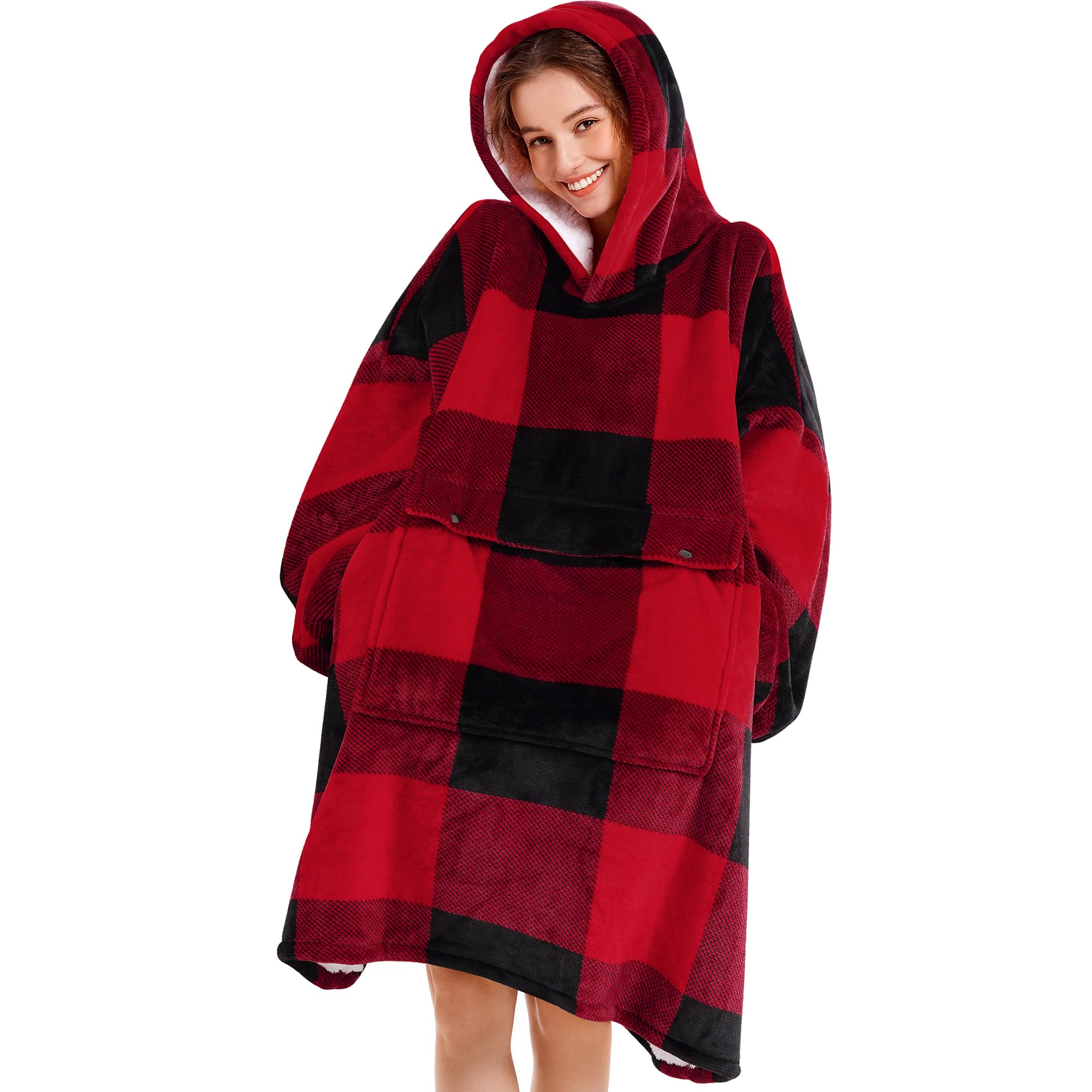 Blanket Hoodie Women & Men,Premium Sherpa Fleece Oversized Hoodie Blanket with Giant Pocket for Women,Super Cozy and Big Wearable Blanket Hoodie Gift Red Plaid