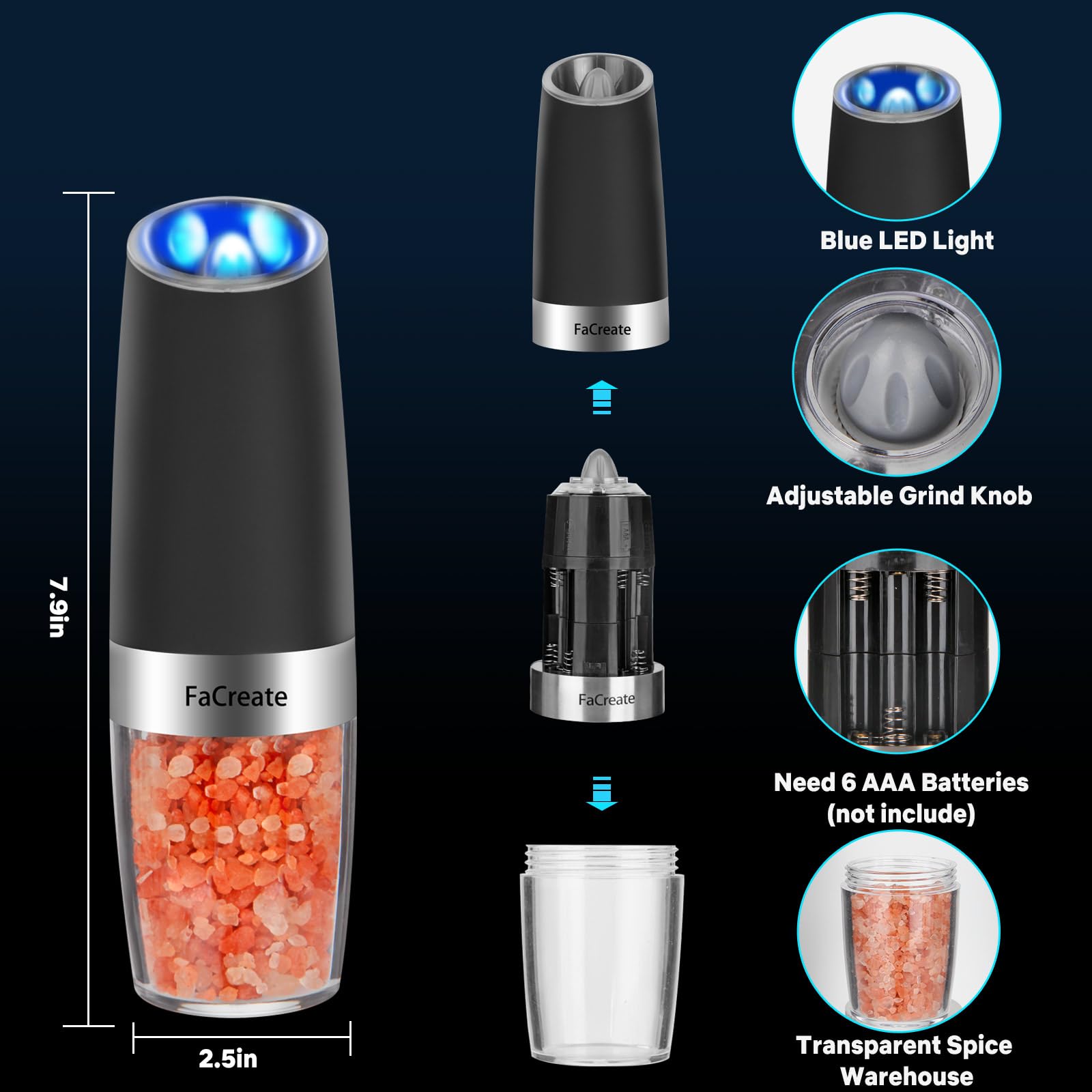 FaCreate Gravity Electric Salt and Pepper Grinder Set,Automatic Operation Electric Salt and Pepper Shakers Set,Battery Powered Adjustable Coarseness Pepper Mill Grinder LED Light, Black (2PACK)