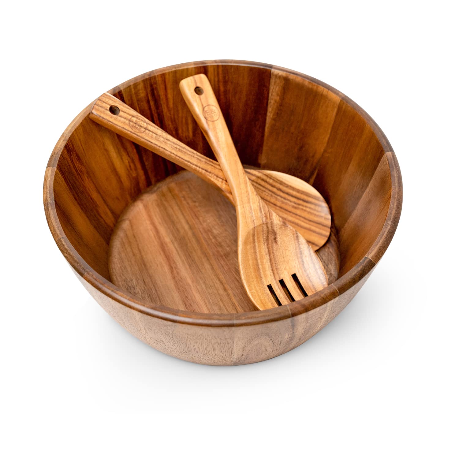 E&WES CO Large Solid Wood Salad Bowl Set 12-Inch Diameter With Wooden Utensils Spoon And Fork - Bowls Great For Mixing