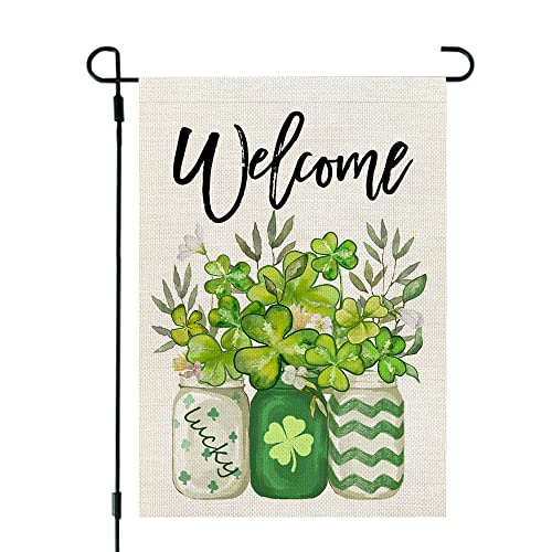 CROWNED BEAUTY St Patricks Day Garden Flag 12x18 Inch Double Sided for Outside Small Burlap Green Shamrocks Clovers Lucky Welcome Yard Holiday Flag CF725-12