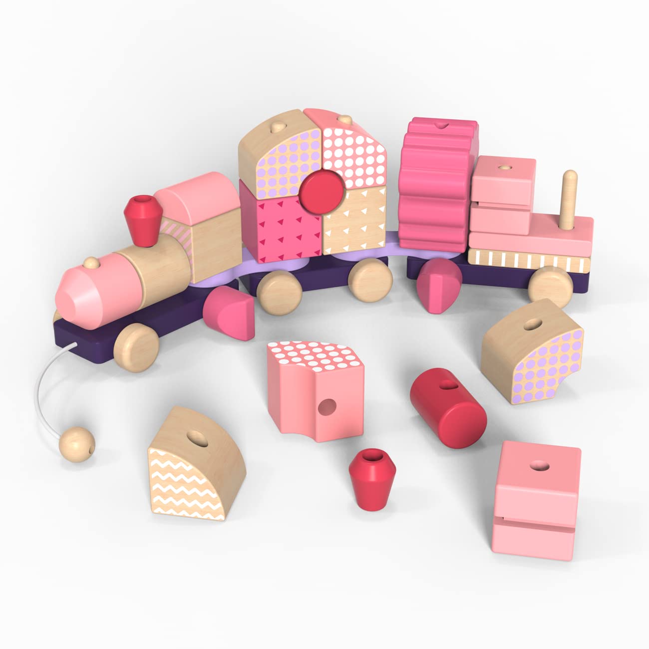 Toddler Montessori Toy, Wooden Block Train Set Stackable Building Blocks Toy Shape Sorter Toy Pink Lion Pull Toy for Baby Girl Ages 2 4 3 Years Birthday Gift Early Learning Educational Toy