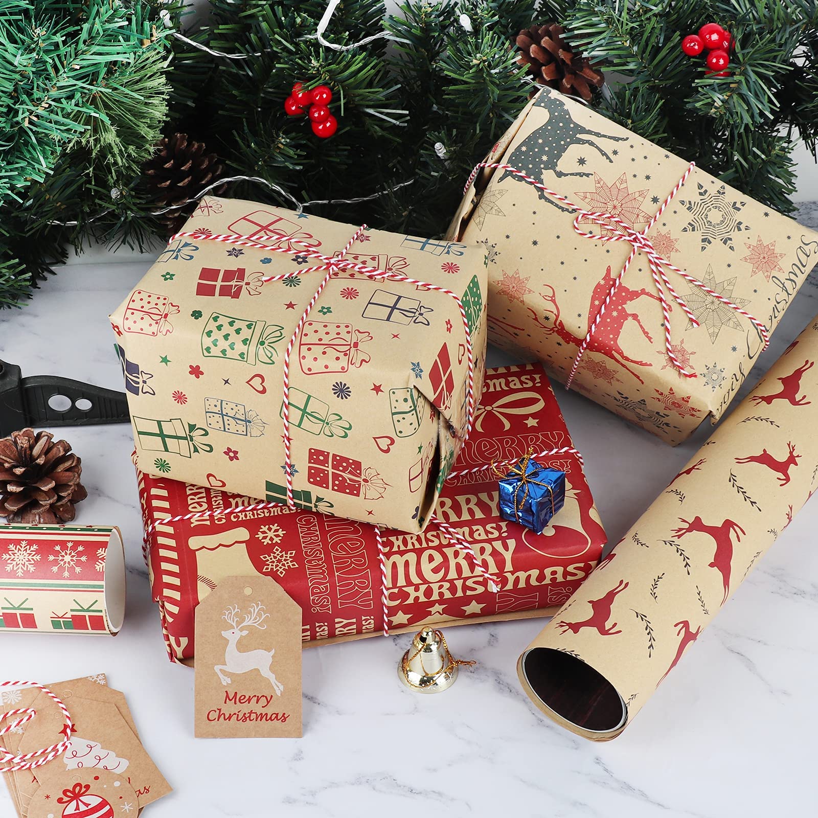 BOENFU Christmas Wrapping Paper, 8 Sheets Recyclable Kraft Paper for Xmas, 70x50CM in Folded Gift Wrap Paper