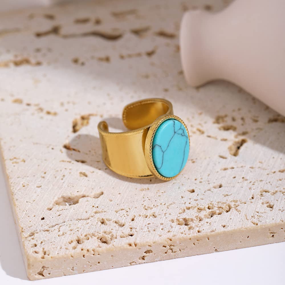 BLAVETI Stainless Steel Green Natural Turquoise Opening Ring,Statement Golden 18 K Plated Ring,for Jewelry Adjustable for Women Men Gift