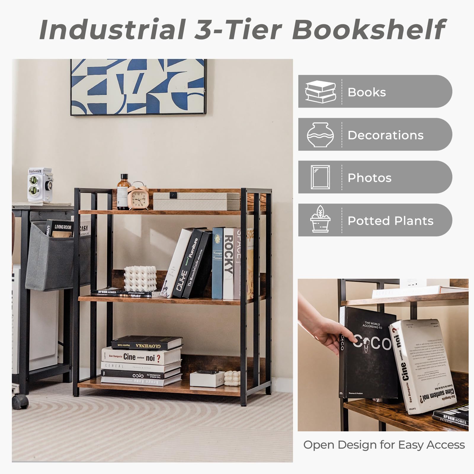 Giantex 3-Tier Bookshelf, Industrial 32" Tall Small Book Shelf with Adjustable Shelves, Adjustable Foot Pads, Anti-Toppling Device, DIY Wooden Floor Open Display Shelving, Bookcase Shelf Rack