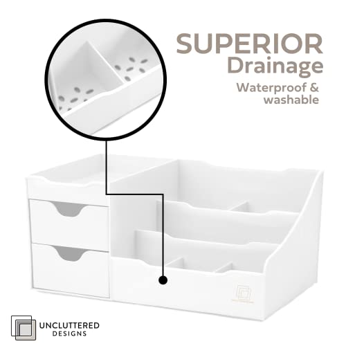 Uncluttered Designs Makeup Organizer With Drawers β Modern Countertop Storage for Cosmetics β Chic Vanity Holder for Perfume, Skincare, Brush, Lipstick, Nail Polish Organization and Display (White)