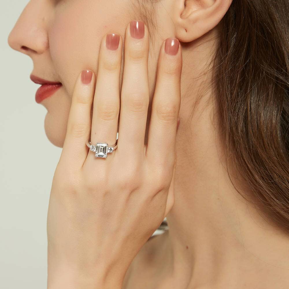BERRICLE Sterling Silver 3-Stone Wedding Engagement Rings Emerald Cut Cubic Zirconia CZ Promise Ring for Women, Rhodium Plated Size 5.5
