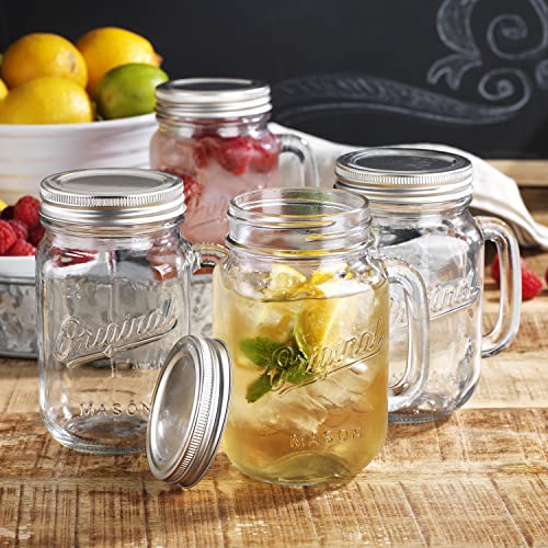 Mason Jar 16 Oz. Glass Mugs with Handle and Lid Set Of 4 - Home Essentials & Beyond - Old Fashioned Drinking Glass Bottles Original Mason Jar Pint Sized Cup Set.