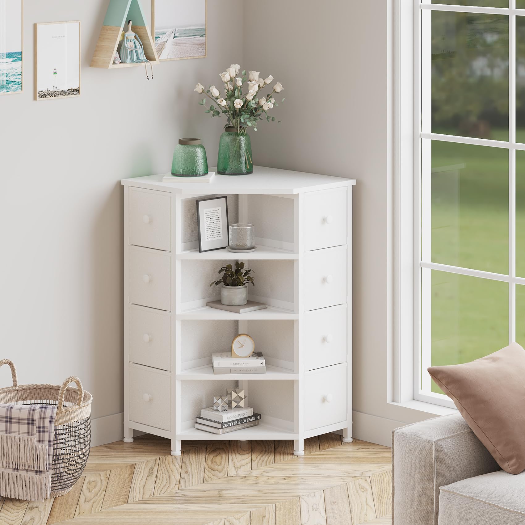 LUMTOK 8 Drawers Corner Dresser with Storage Fabric Drawers and Open Shelves for Small Space,Bedroom,Entryway,Living Room(White)