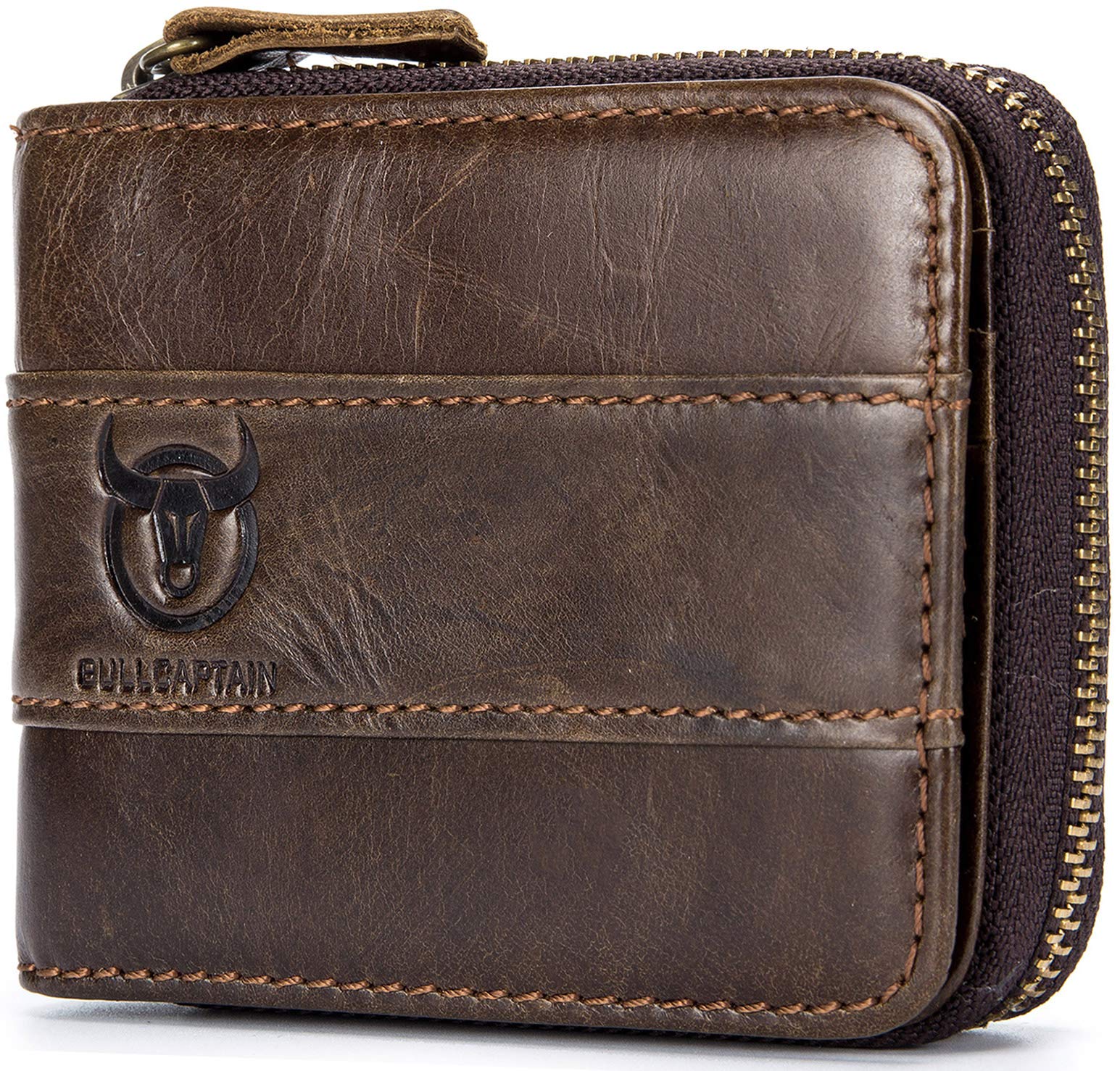 BULLCAPTAIN RFID Blocking Men’s Wallet,Genuine Leather Zip Around Vintage Multi Card Holder Zipper Wallet for Men Bifold Purse With ID Window(Brown)