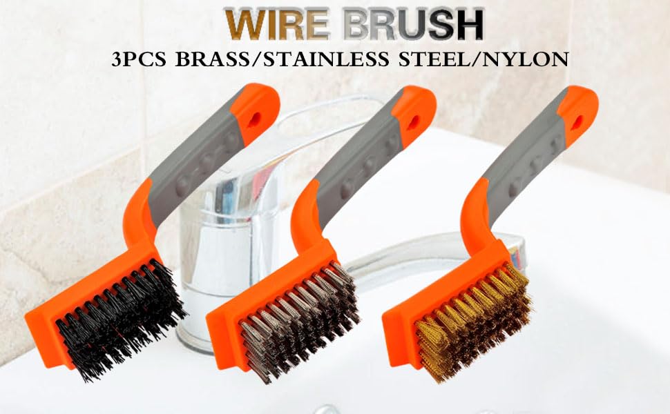 MAXMAN Wire Brush 3Pcs Brass/Stainless Steel/Nylon Wire Brushes for Cleaning Rust Bristle Brush Set with Rubber Curved Handle Grip Used for Dirt, Paint Remover (Orange+ Gray)