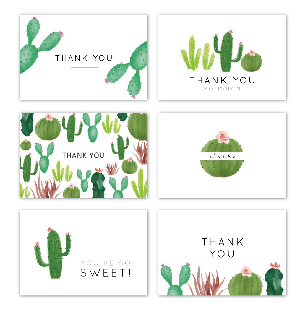 Gooji 4x6 Cactus Thank You Cards (Bulk 36-Pack) Matching Peel-and-Seal White Envelopes | Assorted Set, Watercolor, Colorful Graphics | Succulent, Birthday Party, Baby Shower, Weddings Blank Notes