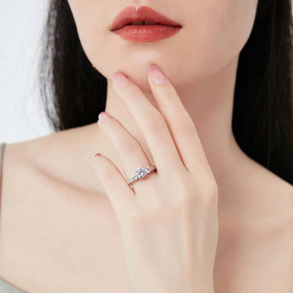 BERRICLE Sterling Silver 3-Stone Wedding Engagement Rings Round Cubic Zirconia CZ Promise Ring for Women, Rhodium Plated Size 7