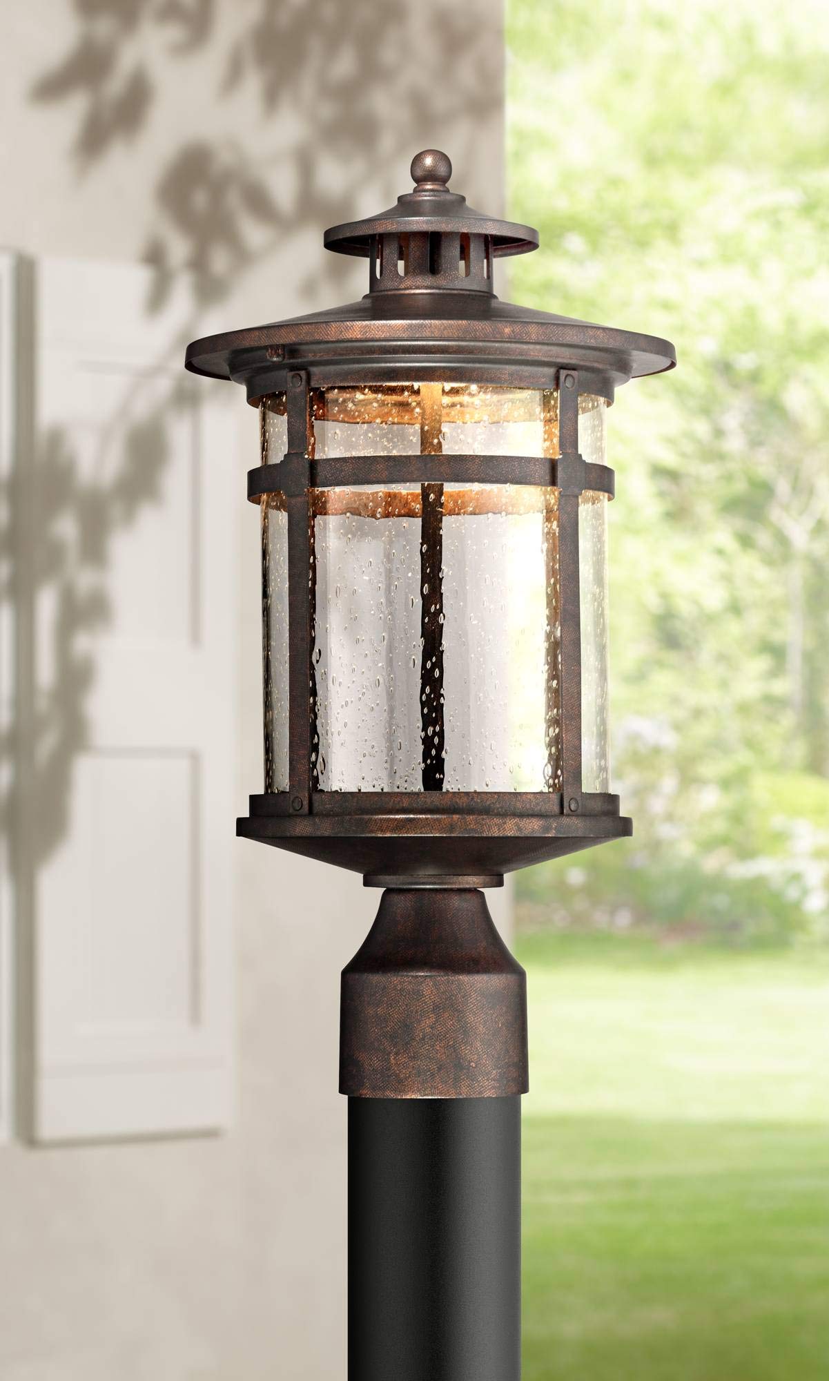 Franklin Iron Works Callaway Mission Industrial Outdoor Post Light Fixture LED Bronze 15 1/2" Seeded Glass for Exterior House Porch Patio Outside Deck Garage Yard Garden Driveway Home Lawn Walkway
