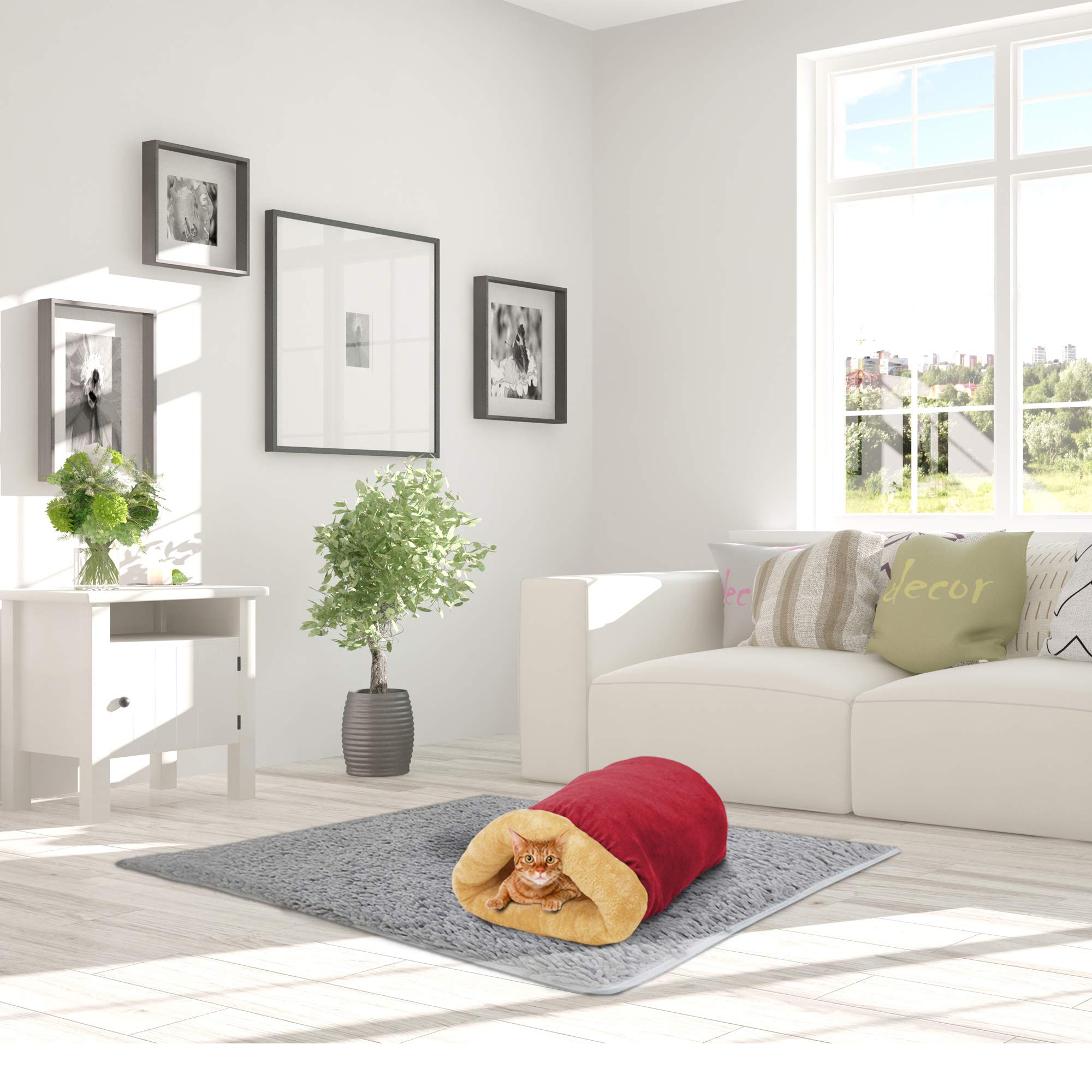 GOOPAWS 4 in 1 Self Warming Burrow Cat Bed, Pet Hideway Sleeping Cuddle Cave (Burgundy)