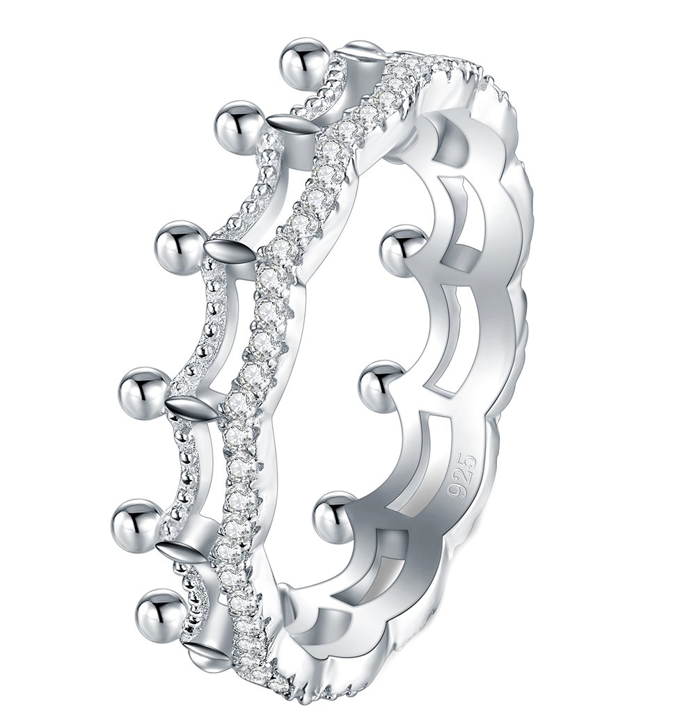 BORUO 925 Sterling Silver Ring, Cubic Zirconia Princess Crown Tiara Wedding Cz Band Eternity Ring Size 8