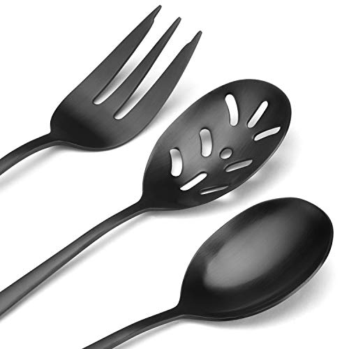 Matte Black Serving Set,SHARECOOK 5-Piece 18/0 Stainless Steel Large Hostess Set with Round Edge, Satin Finished, Dishwasher Safe -Spoons, Forks,Butter Knife& Slotted Spoon