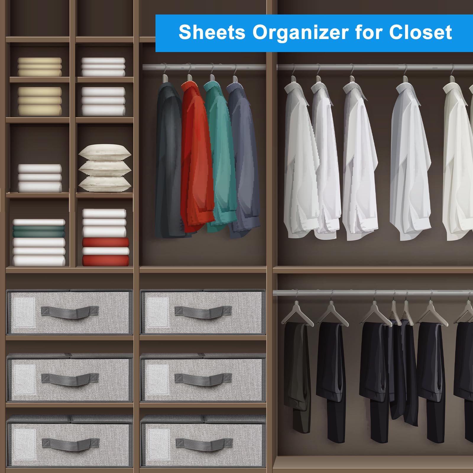 FAGIGY 4 Pack Bed Sheet Organizers and Storage with Labele Pocket, Linen Closet Organizers and Storage with Zipper, Bed Sheet Organizer with Handle, Closet Organizer for Blanket, Clothes, Light Gray