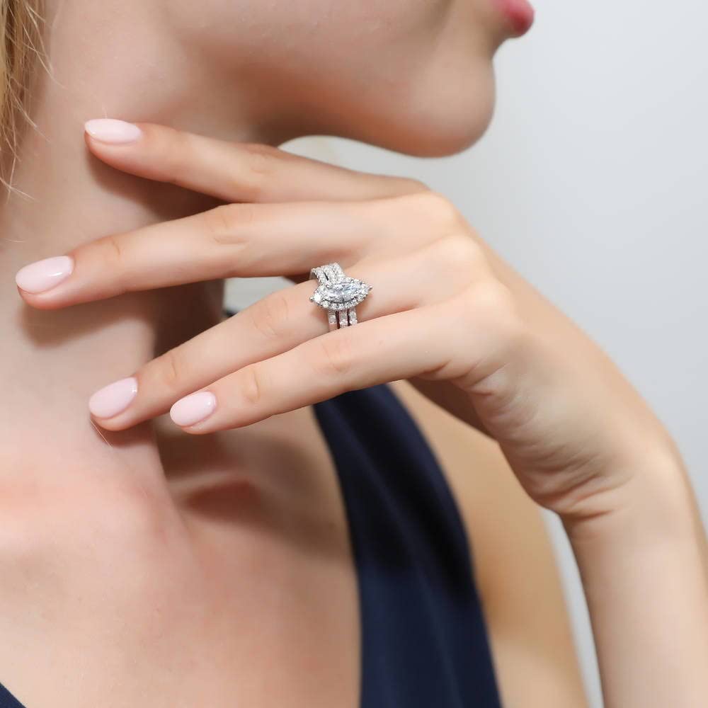 BERRICLE Sterling Silver Halo Wedding Engagement Rings Marquise Cut Cubic Zirconia CZ Ring Set for Women, Rhodium Plated Size 8