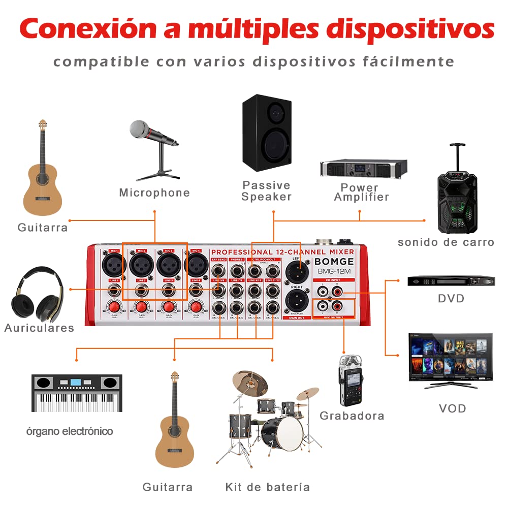 BOMGE 10-Input sound board Mixer with Mic Preamps and Compressors, 24DSP, bluetooth,48V Power,British EQ and USB/Audio Interface fro recording, karaoke and podcast. (10M-10 Channel)