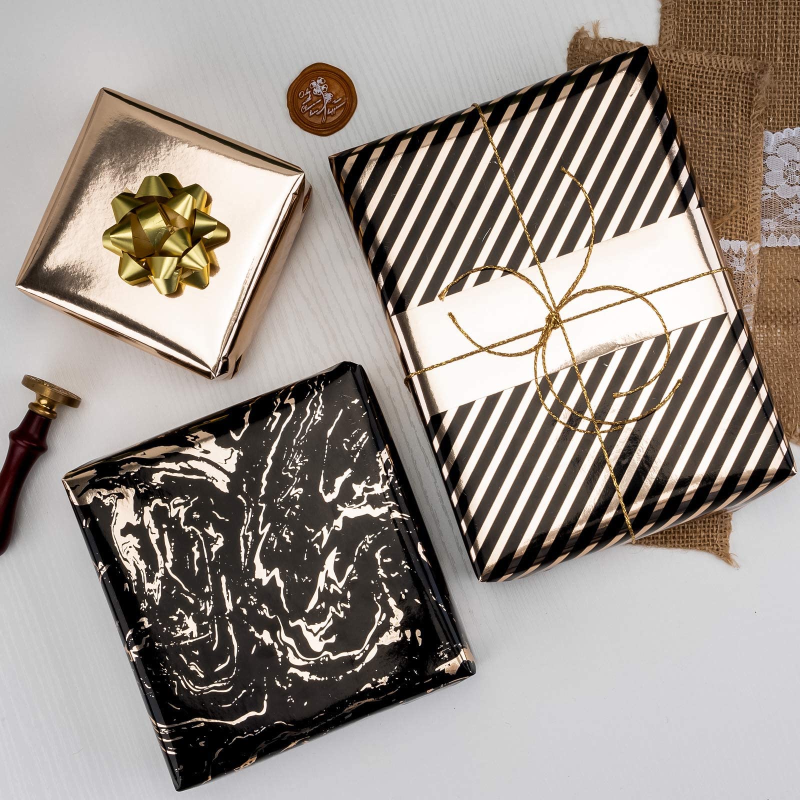 MAYPLUSS Wrapping Paper Roll - Mini Roll -17in x 120in Per roll -Black Gold Foil Marble Stripe,Gold for Birthday,Part,Wedding,Men's Vintage Wrapping Paper Roll all Occassions (42.3 sqft)