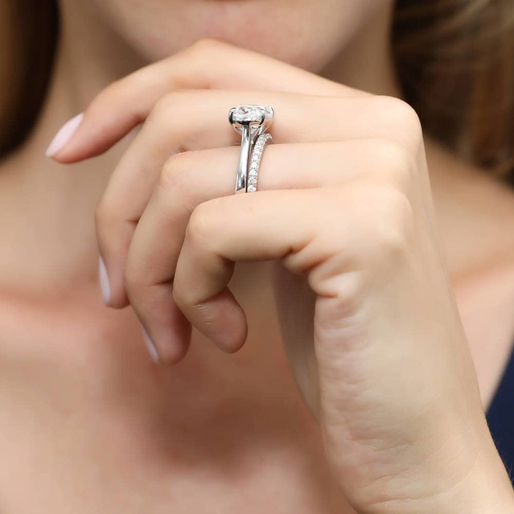 BERRICLE Sterling Silver East-West Wedding Engagement Rings Cubic Zirconia CZ Solitaire Ring Set for Women, Rhodium Plated Size 7