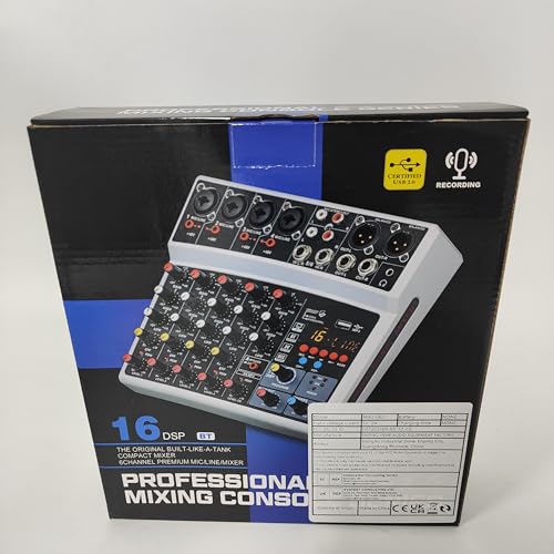 BOMGE 6 Channel Audio Sound Mixer - Professional Digital DJ Mixing Console for Live Streaming, Karaoke and Stereo Recording - With PC Computer Record Playback/Bluetooth/MP3/USB/48V /16 DSP Echo
