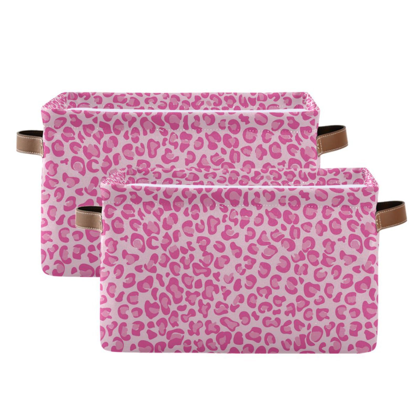 YETTASBIN Pink Leopard Storage Basket 1pc, Large Collapsible Toys Clothes Organizer, Durable Canvas Storage Bin with Handle for Shelves Closet Laundry Home Office Decor