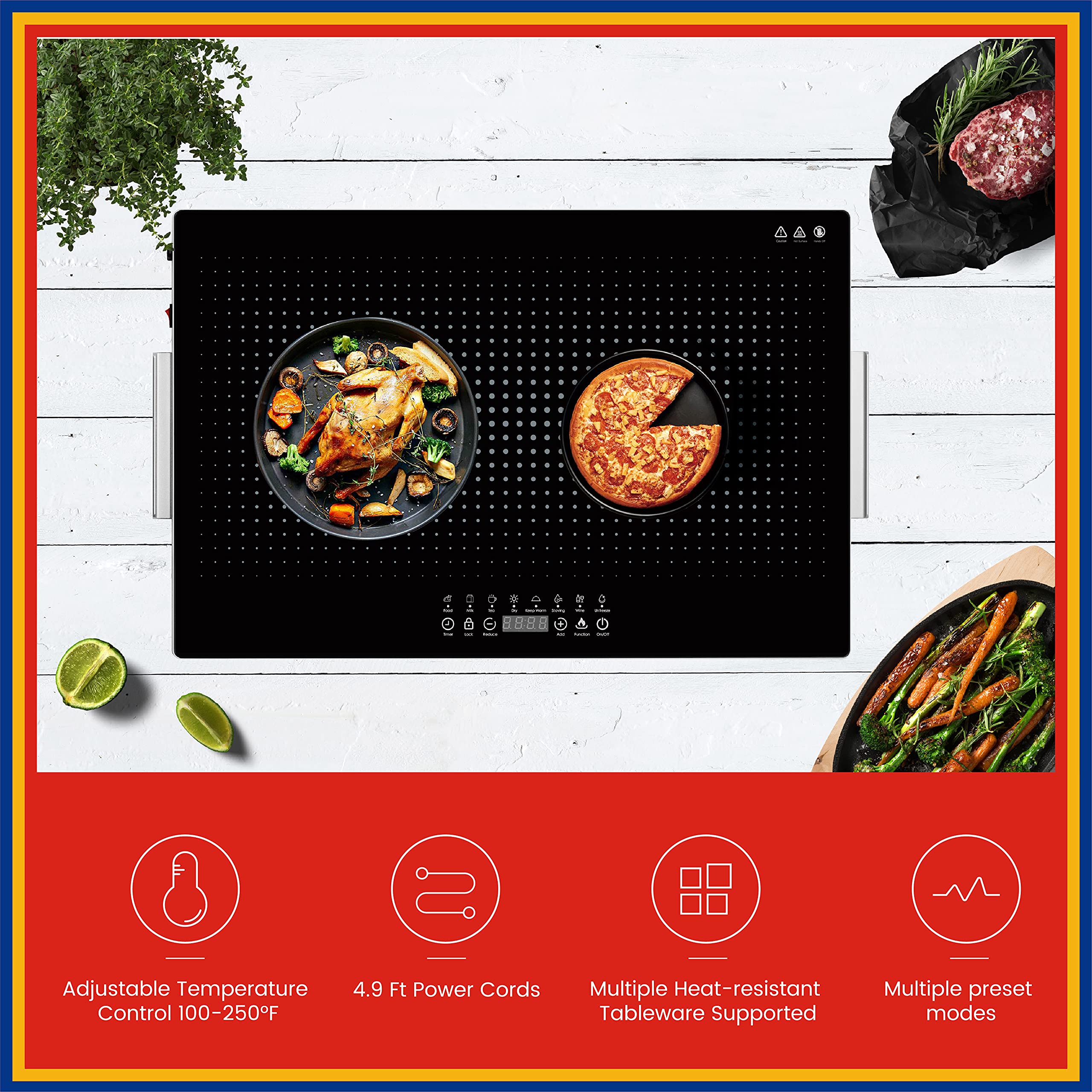 Bleu Jamais Electric Food Warmer Plate, 23.6"x15.7" Glass Large Warming Tray LED Temperature Display Adjustable Control With Touch Panel, Hot Plate, Buffets, Parties, Home Dinner (Light Silver)