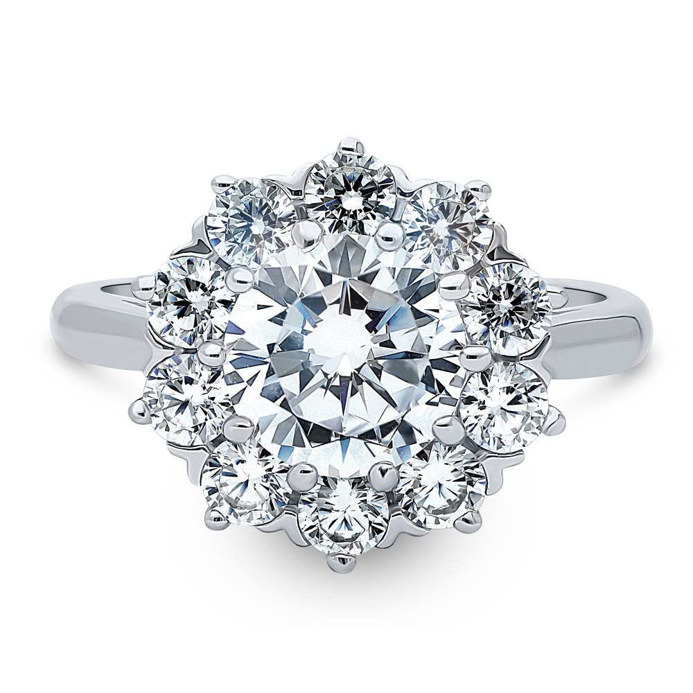 BERRICLE Sterling Silver Flower Wedding Engagement Rings Cubic Zirconia CZ Statement Halo Cocktail Ring for Women, Rhodium Plated Size 5