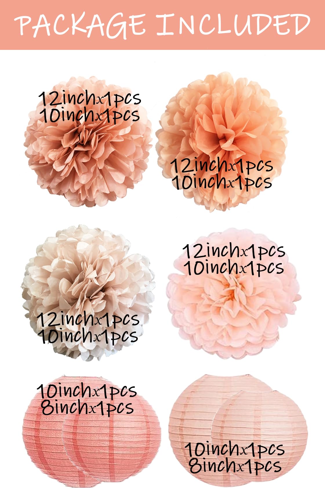 Hanging Party Decorations - Tissue Paper pom poms and Lanterns Backdrop Decor for Engagement Wedding Birthday Bridal Shower Bachelorette (Rose Gold)