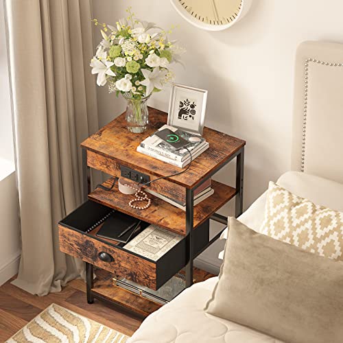 Furologee Nightstand Set of 2 with Charging Station, End Table with USB Ports&Power Outlets, 3-Tier Storage Shelf Tall Bedside Table, Industrial Side Table with Fabric Drawer for Bedroom/Living Room