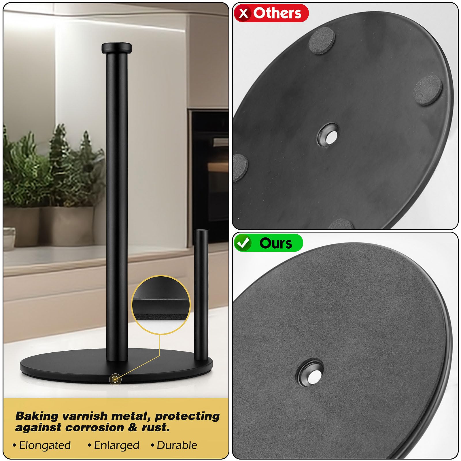 Black Paper Towel Holder, Countertop Paper Towel Holder, Steady Paper Roll Holder, Weighted Paper Towel Stand for Kitchen Bathroom