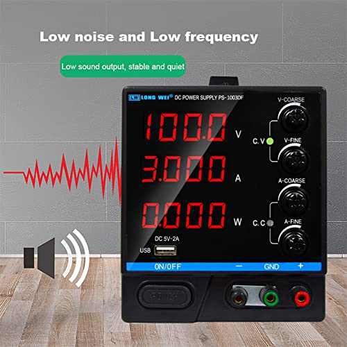 Lwlongwei Lab DC Power Supply Variable, 100V 3A Adjustable Switching Regulated DC Bench Linear Power Supply with 4-Digits LED Power Display, Coarse and Fine Adjustments with Alligator Leads Black
