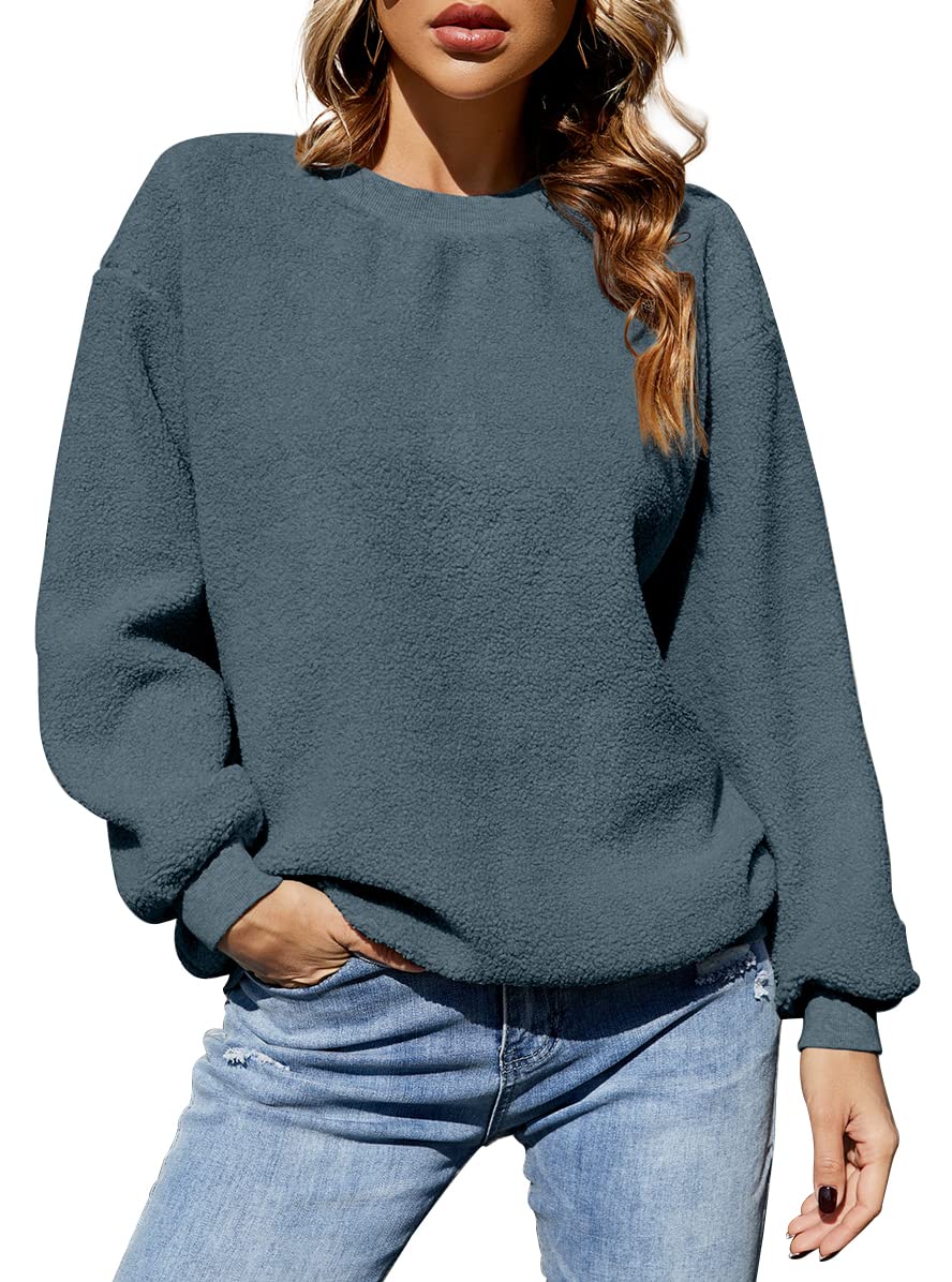 Chuanqi Womens Crewneck Fuzzy Sweatshirt Fleece Sherpa Pullover Long Sleeve Casual Fluffy Winter Warm Coat Tops Blue