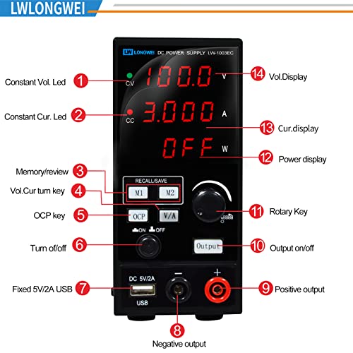 Lwlongwei Programmable DC Power Supply Variable, 100V 3A 300W Adjustable Switching Regulated DC Bench Power Supply with 4-Digits LED Power Display 5V/2A USB Output, Coarse and Fine Adjustments